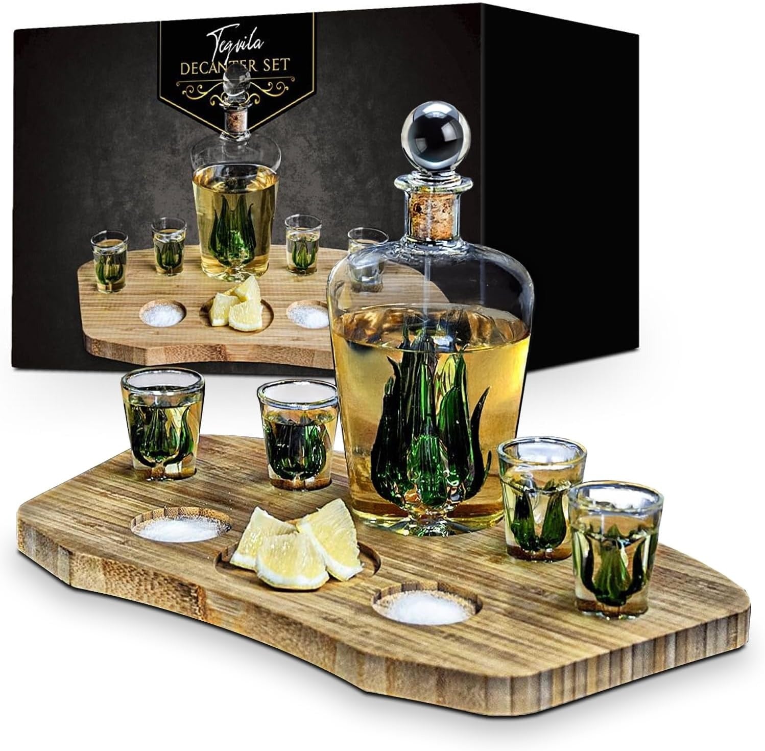 Tequila Decanter Set El Yapımı Agave Şişe, Shot Bardakları, Bambuk Tab
